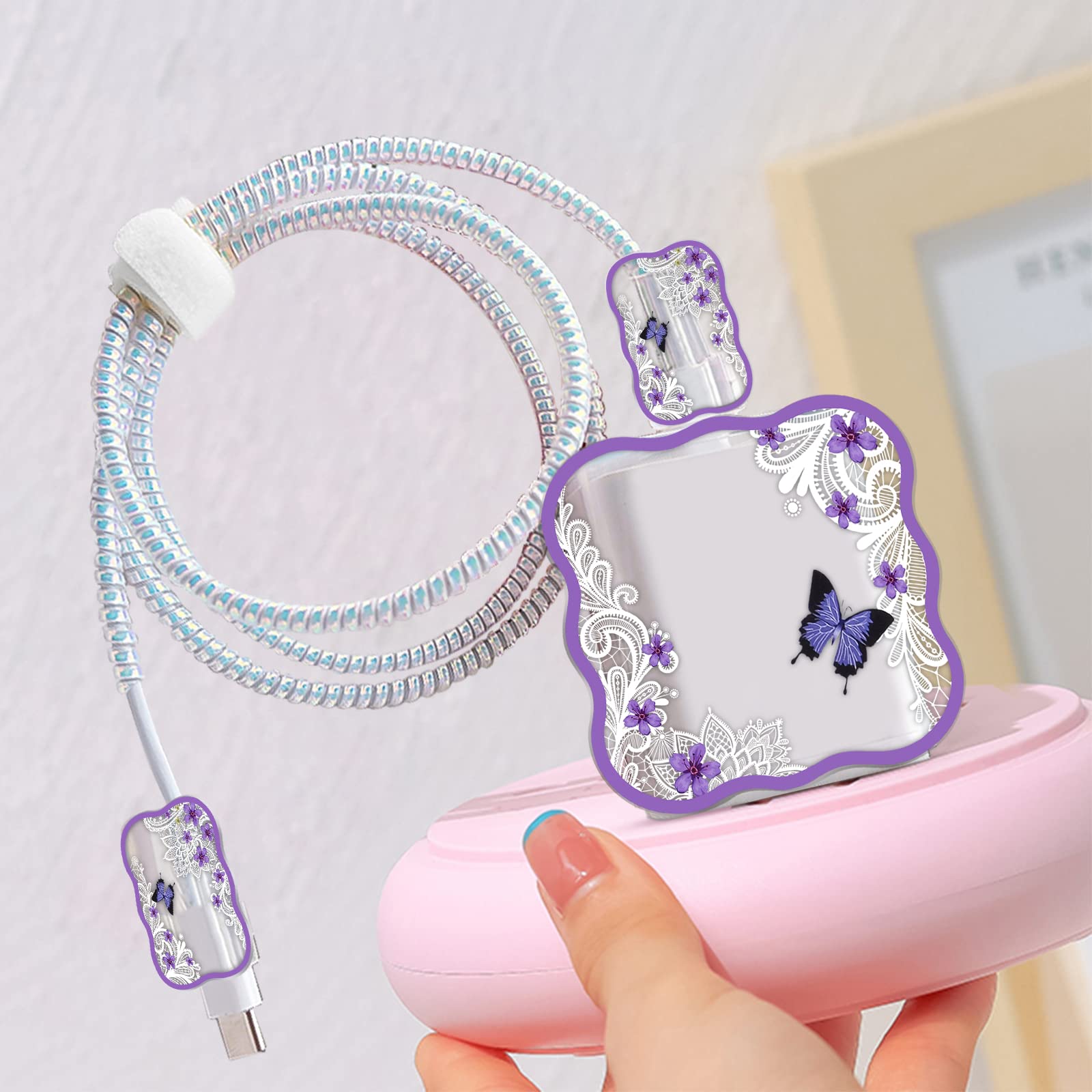 DiyGody Flowers Cable Protector for iPhone 18W/20W Charger with Cute White Lace Waves Shell Design,Data Line Cable USB Wire Saver Charger Protector Compatible with iPhone 11 12 13 14 Pro Max Plus