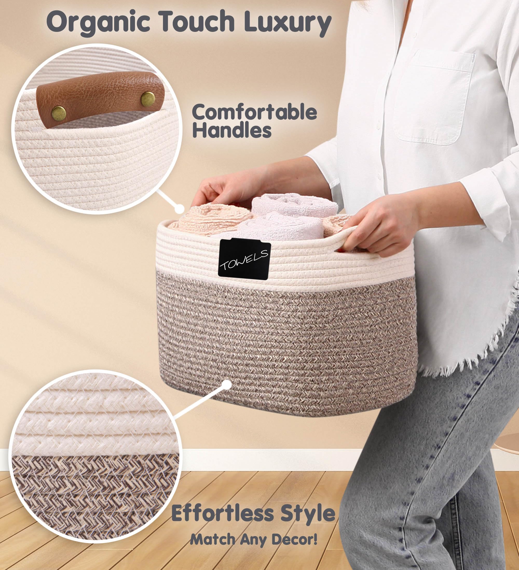 Cotton Rope Baskets for Organizing β Storage Baskets for Shelves | 15"x10"x9" | Rope Basket for Storage, Small Laundry Baskets, Woven Baskets for Storage, Dog Toy Bin, Baby Basket, Creamy White &Brown