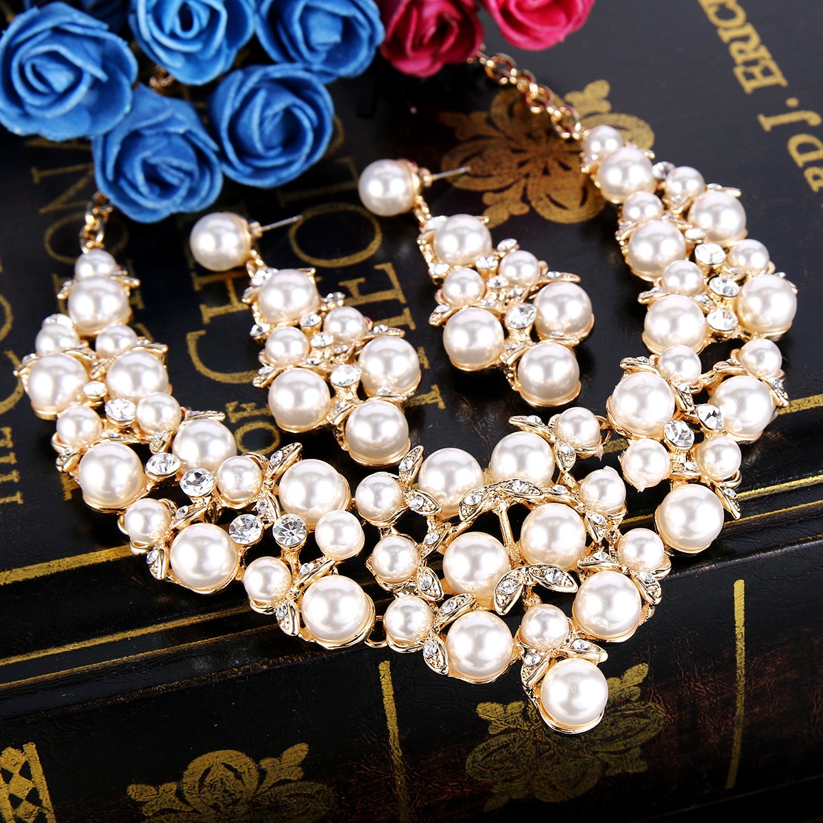 BriLove Wedding Bridal Simulated Pearl Necklace Earring Jewelry Set for Women Crystal Cluster Statement Necklace Dangle Earrings Set Clear Gold Tone.