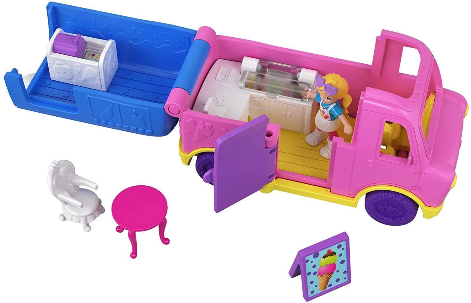 Polly Pocket Pollyville Transforming Ice Cream Truck with Ice Cream Flavor Display, Table, Chairs, Micro Polly Doll & Accessories