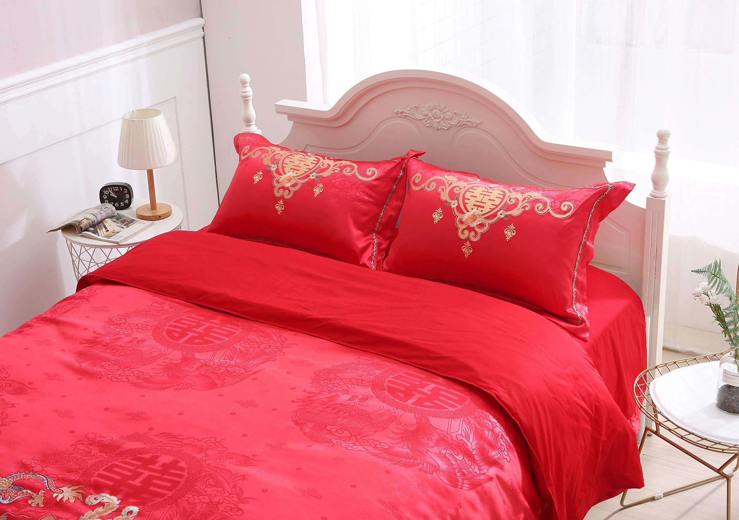 I-MART Queen Size Chinese Traditional Red Sheet Asian Bedding with Dragon and Phoenix Bird Embroidery Duvet Cover Set 4 Pcs