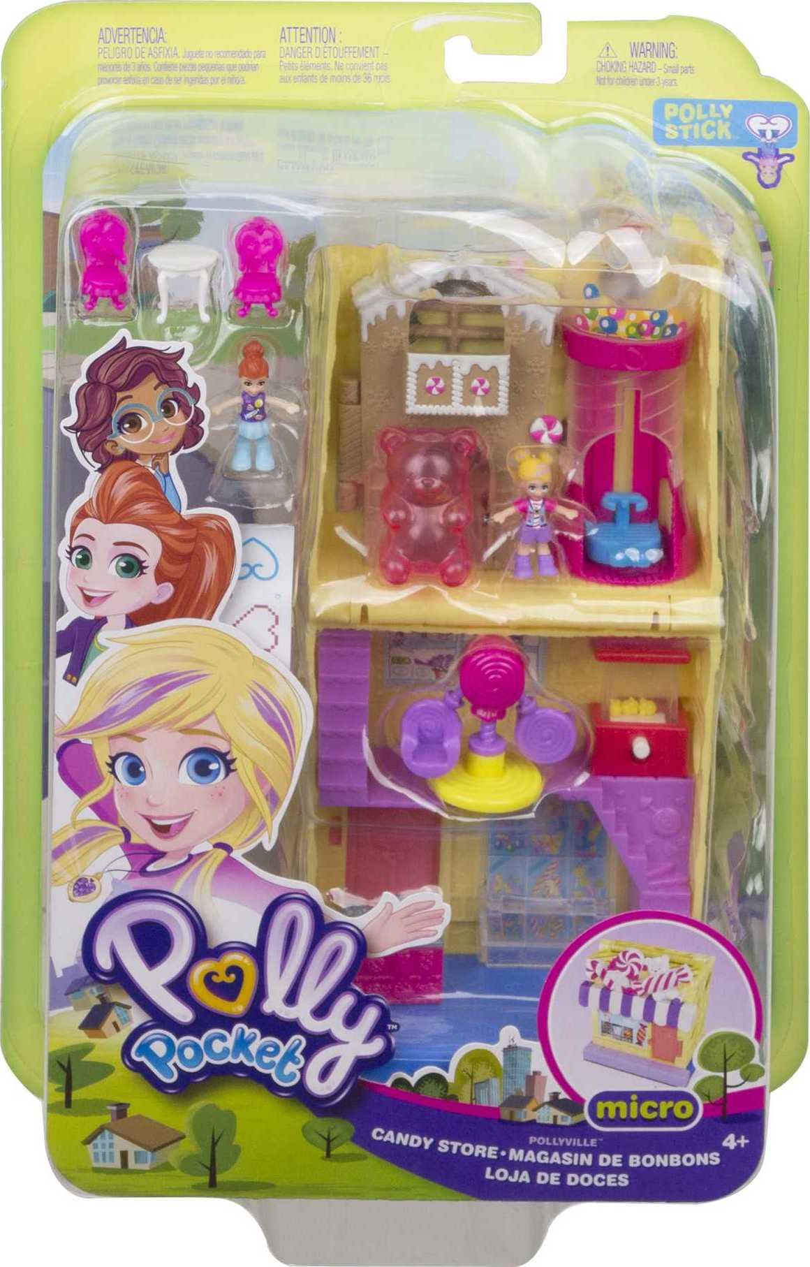 Polly Pocket Pollyville Candy Store with 4 Floors of Fun, Micro Polly & Lila Dolls, 1 Sticker Sheet and 5 Micro Accessories