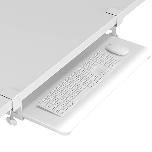 BONTEC Keyboard Tray Under Desk, Pull Out Keyboard & Mouse Tray with C-clamp, 25.6 Excluding Clamps (30 Including Clamps) x 11.8 Inch Steady Slide-Out Computer Drawer for Typing, White