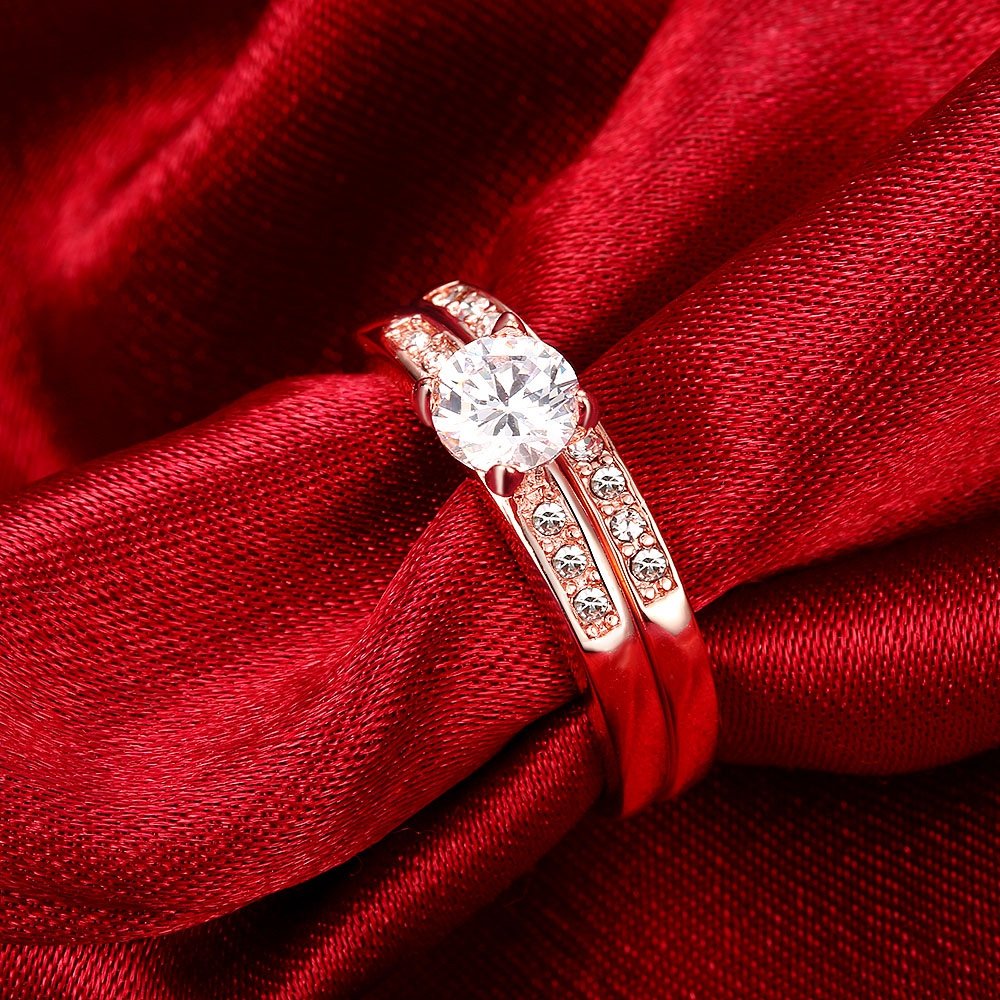 Bistoon Engagement Rings Set 2pcs with Real 18K Rose Gold Plated CZ Zircon Promise Rings Anniversary Wedding (Rose-Gold-Plated-Base, 7)