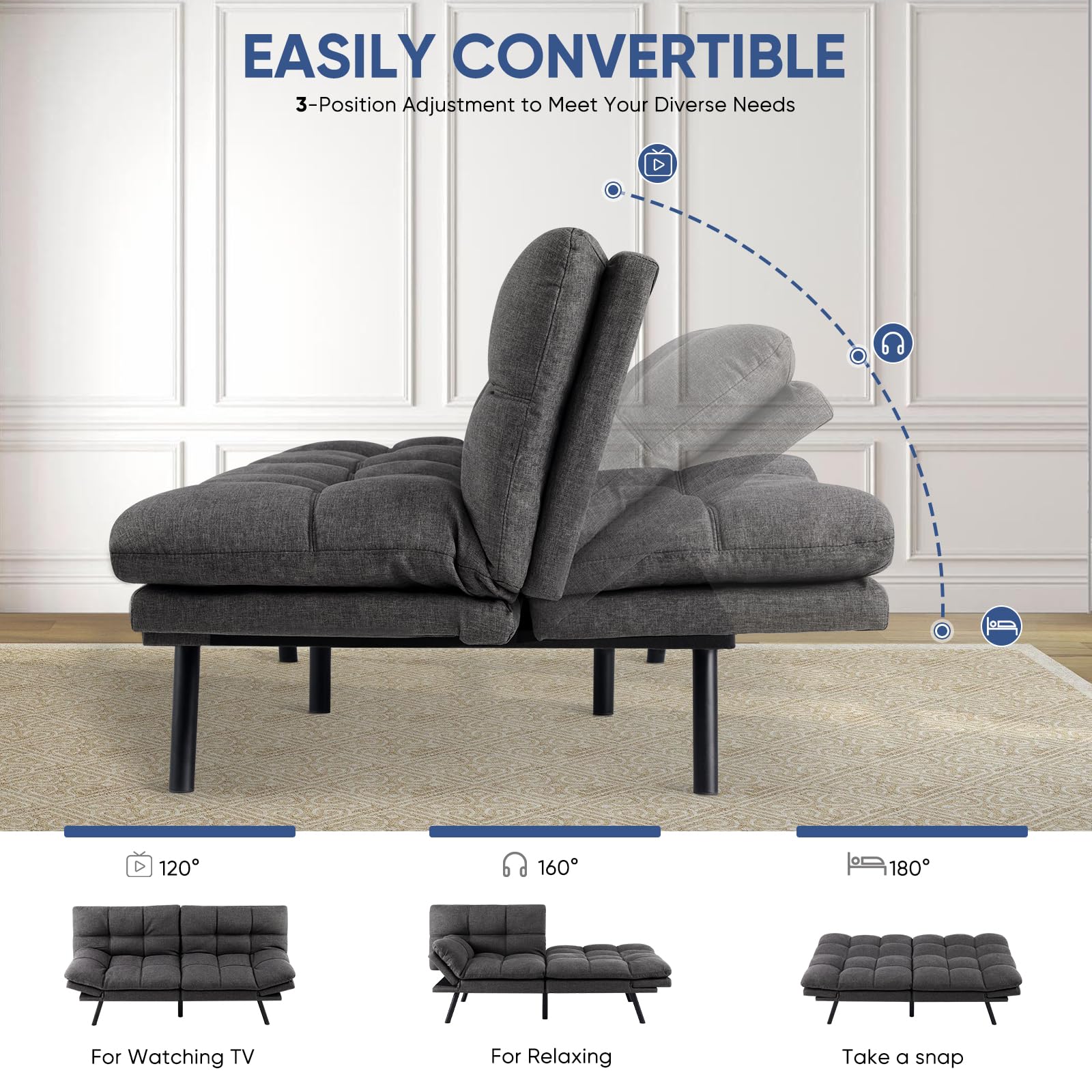 DUMOS Sleeper Futon Sofa Couch Bed, Memory Foam Couch, Convertible Living Room Couch, Apartment, Studio, Office, Meeting Room, Light Grey
