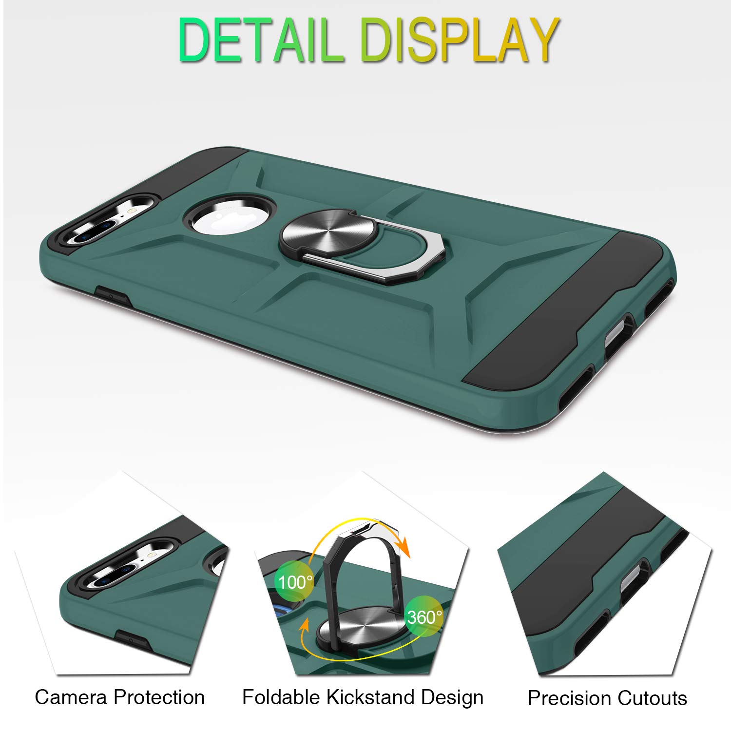 Compatible for iPhone 8 Plus Case, iPhone 7 Plus Case with HD Screen Protector, Atump Magnetic Ring Kickstand [Military Grade] Protective Phone Case for iPhone 8/7/6/6s Plus, Midnight Green