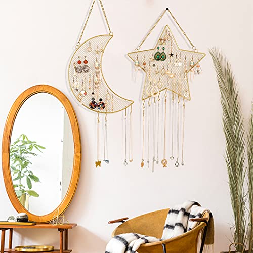 Rolin Roly Earring Wall Holder Wall Mounted Jewelry Rack Hanging Earring Organizer with3 Hooks Moon Shaped for Display Grid Golden Bracelet Necklace Ring