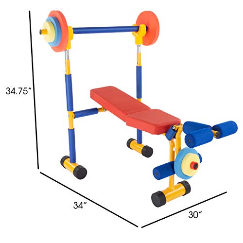 Hey! Play! Toy Bench and Leg Press – Children’s Play Workout Equipment for Beginner Exercise, Weightlifting, Powerlifting - for Boys and Girls, Brown (80-SH-04)