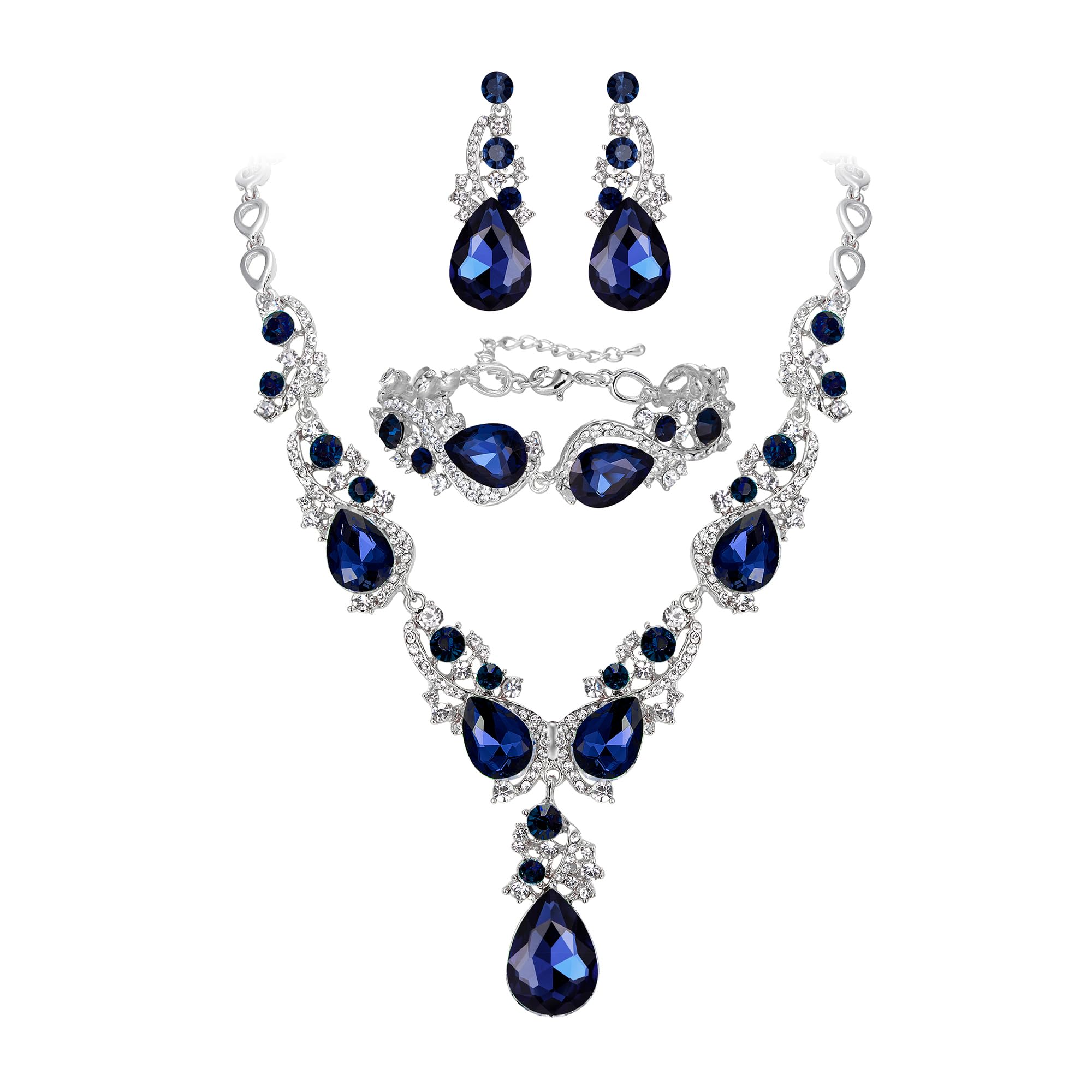 BriLove Wedding Bridal Jewelry for Women Multi Teardrop Cluster Crystal Statement Necklace Dangle Earrings Link Bracelet Set Navy Blue Sapphire Color Silver-Tone