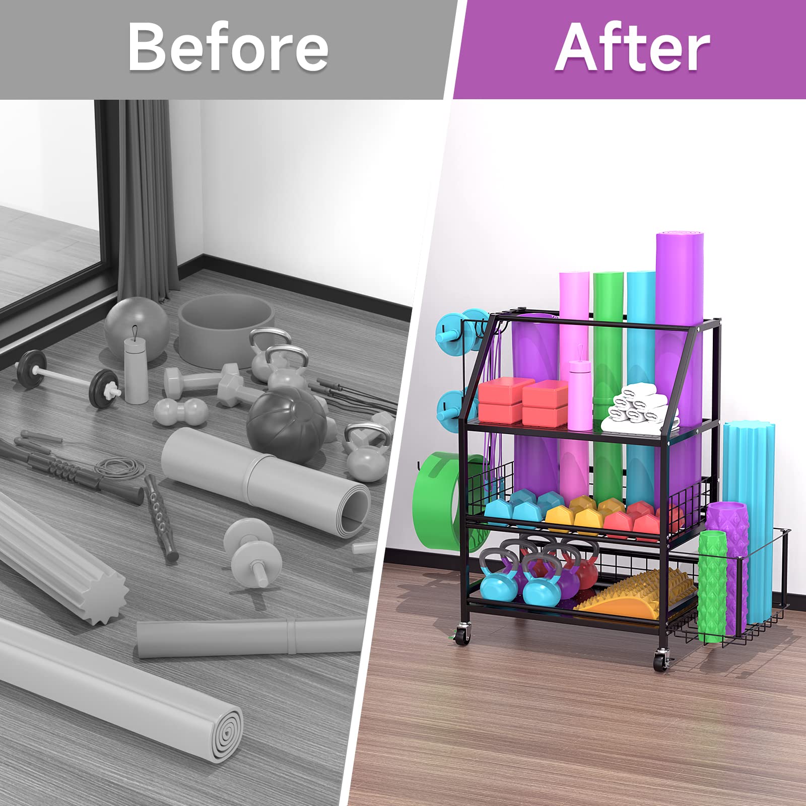 Dumbbell Rack-Yoga Mat Racks with Wheels and Hooks-Weight Rack for Dumbbells-Home Gym Storage Rack for Dumbbells Kettlebells Foam Roller, Yoga Strap, Resistance Bands & Strength Training Equipment