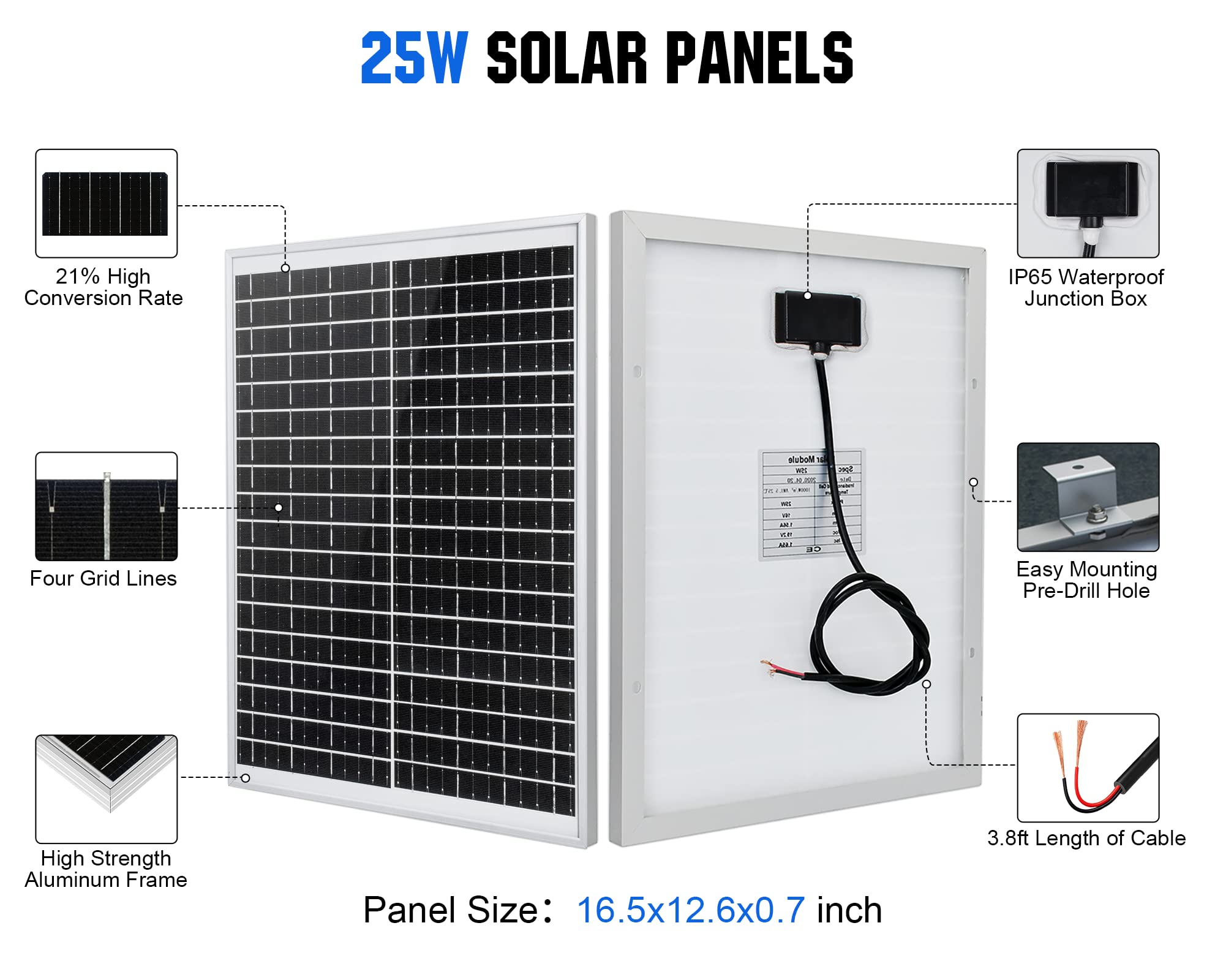 ECO-WORTHY Solar Panel 25W 12V Monocrystalline Waterproof Panel for Charging 12V Battery of RV Boat Trailer ATV Car or Powering 12V Light, Charing 12V Battery Pack and Other Off-Grid Applications