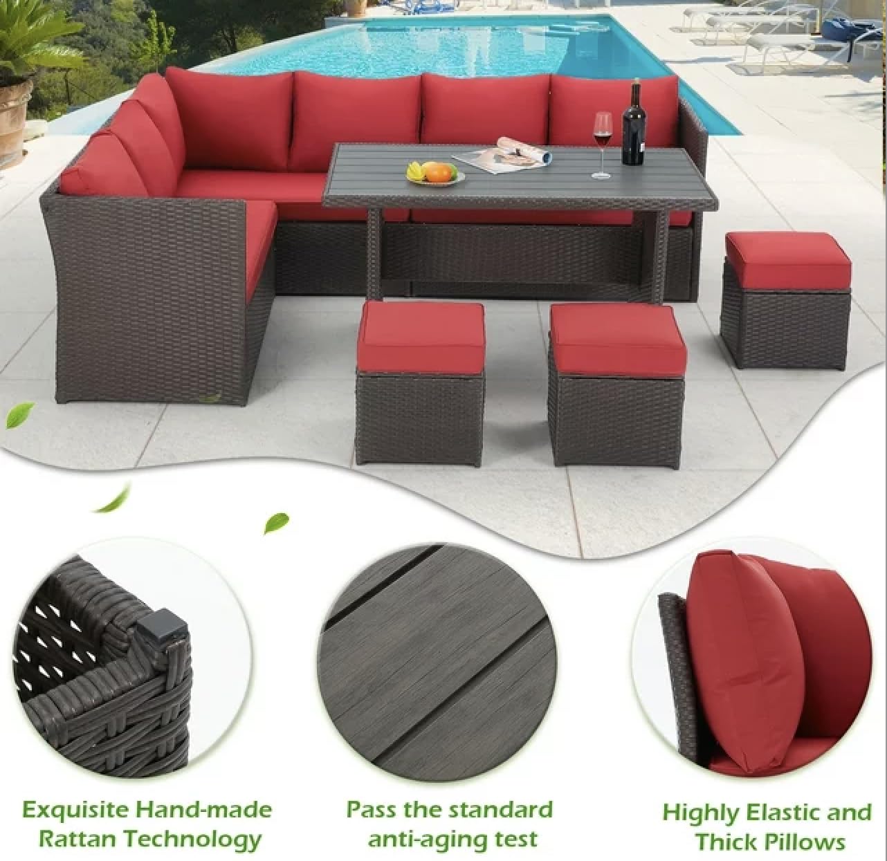 Generic 7 Piece Patio Conversation Set, Outdoor Sectional Sofa Rattan Wicker Dining Furniture, Gray (Red), dd1123