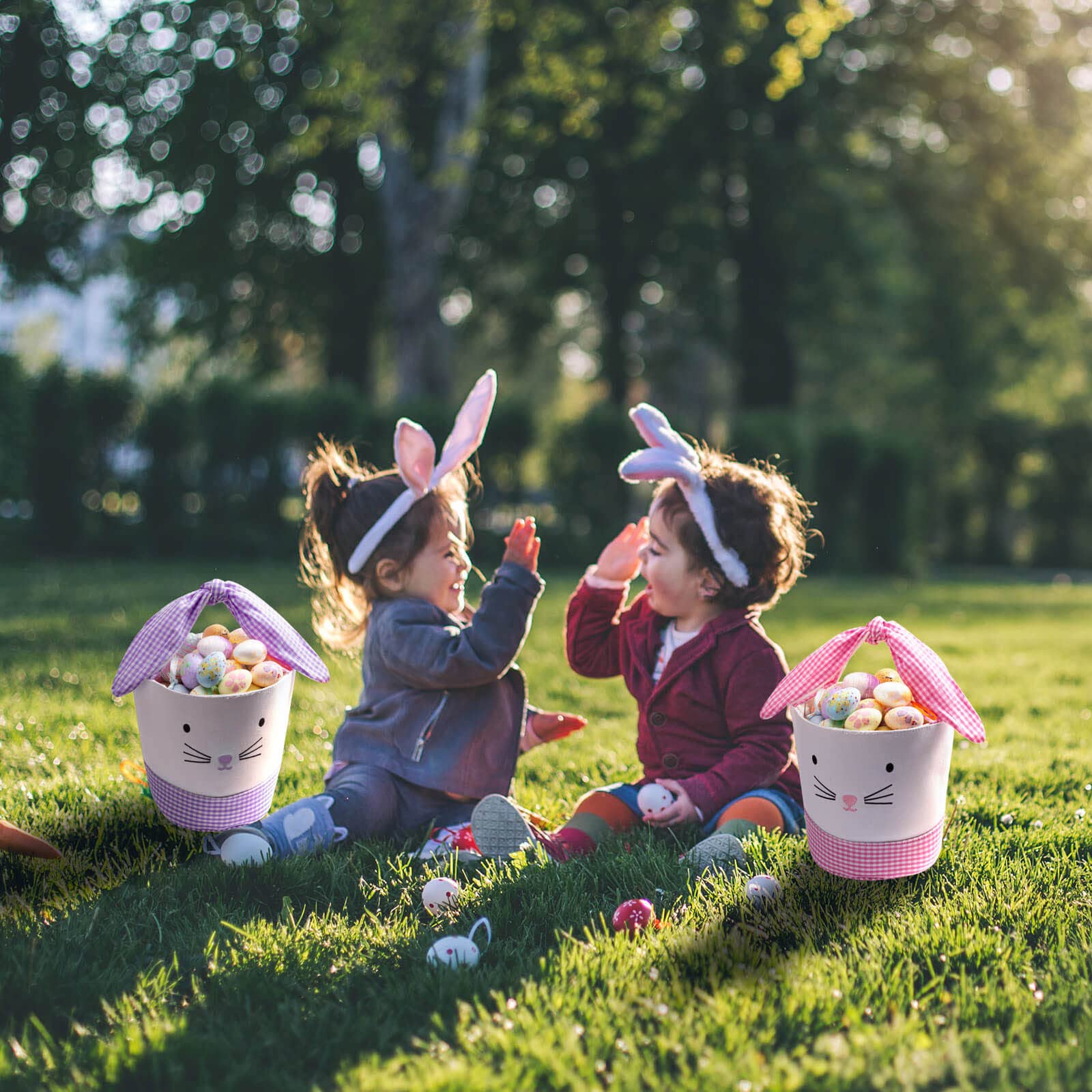 MY LIFFRI Easter Basket set for Kids, Large Canvas Bunny Bag with Carrot Card & Letters Stickers for Egg Hunt with Adjustable Rabbit Ear Handle for Baby Boy Girl Toddler, Purple