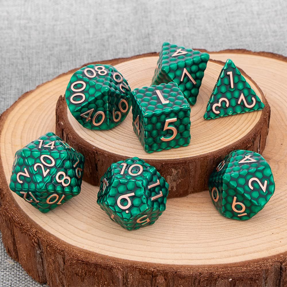 Dungeons and Dragons Dice Metal DND Polyhedral Dice Set, OUKELANWO Green D&D Dice Set with Gift Box, Dragon Scale Dice Set Large 20 Sided Roll RPG Role Playing Games, MTG, Pathfinder, Warhammer