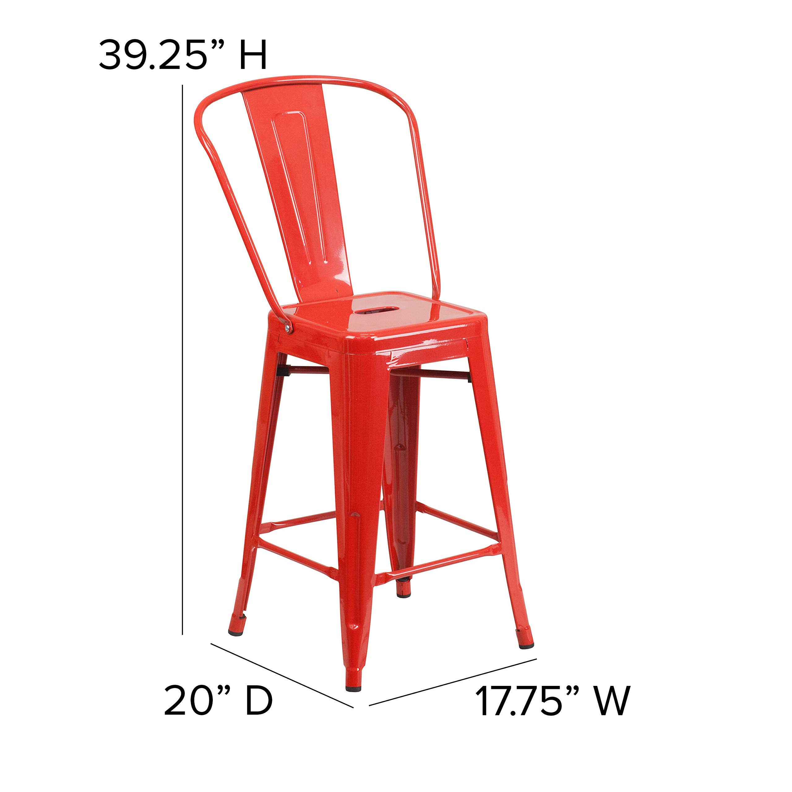 EMMA + OLIVER Kam 24" High Counter Stool - Red Metal Frame - Red Polyresin Seat - Removable Backrest - for Indoor/Outdoor Use