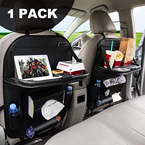 Car Backseat Organizers, Back Seat Organizer with Tray and Storage Leather for Kids Toy Bottle Drink Vehicles Travel AccessoriesFLY Ocean (Black 1 Pack)