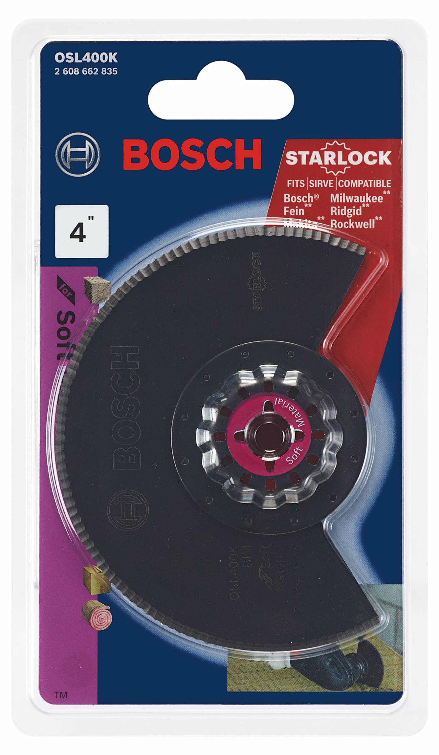 BOSCH OSL400K 1-Piece 4 In. Starlock Oscillating Multi Tool Soft Materials Bi-Metal Serrated Knife Segmented Blade for Cutting Applications in Carpet, Cardboard, Insulation and Other Materials