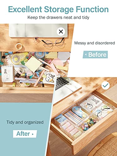 Kootek 6 Pcs Drawer Organizer Set, 3-Size Bathroom Drawer Organizers Makeup Trays Vanity Desk Dividers Versatile Storage Bins Clear Plastic Drawer Organization Container for Dresser, Kitchen, Office