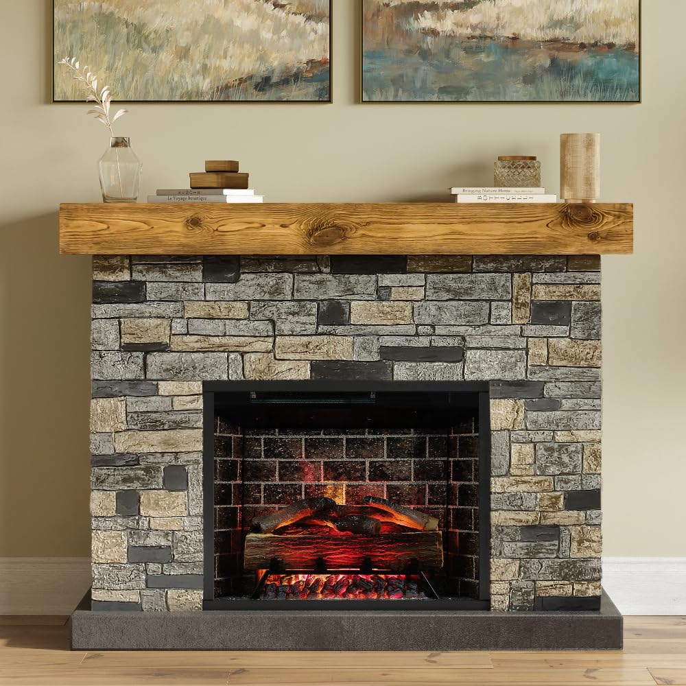 Country Living Dixson 55 Inch Wood Mantel with Faux Stone Brick Surround & 28" Smart Electric Fireplace | 55" W x 16" D x 43" H