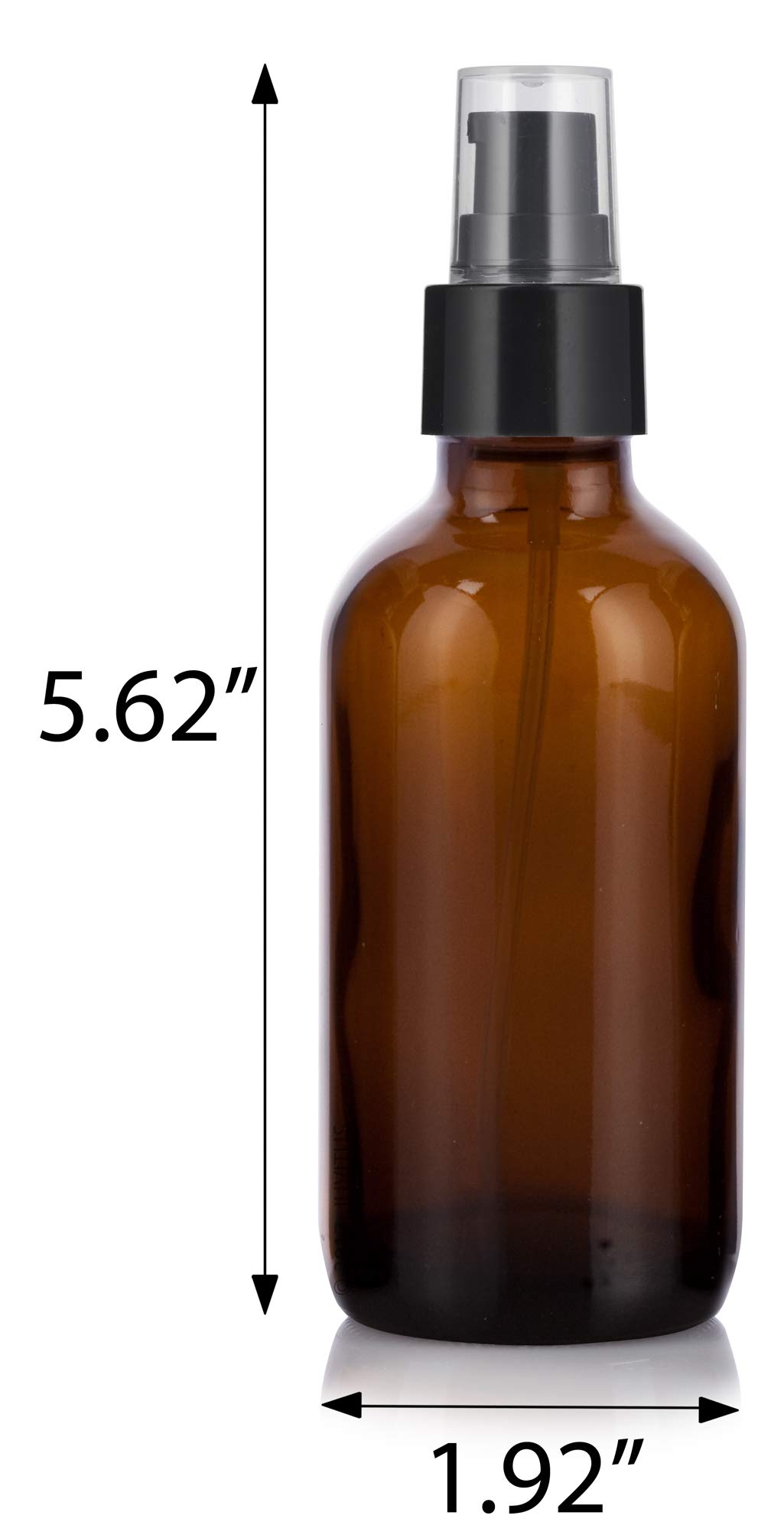 JUVITUS 4 oz Amber Glass Boston Round Bottle with Black Treatment Pump (12 pack) + Funnel