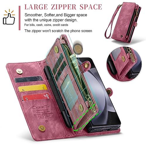 phone flip case Wallet Case Compatible with Samsung Galaxy Z Fold 5,2 in 1 Detachable Premium Leather Magnetic Zipper Pouch Wristlet Flip Phone Case,Matte Soft Leather+TPU Bottom Shell Case W Card Hol