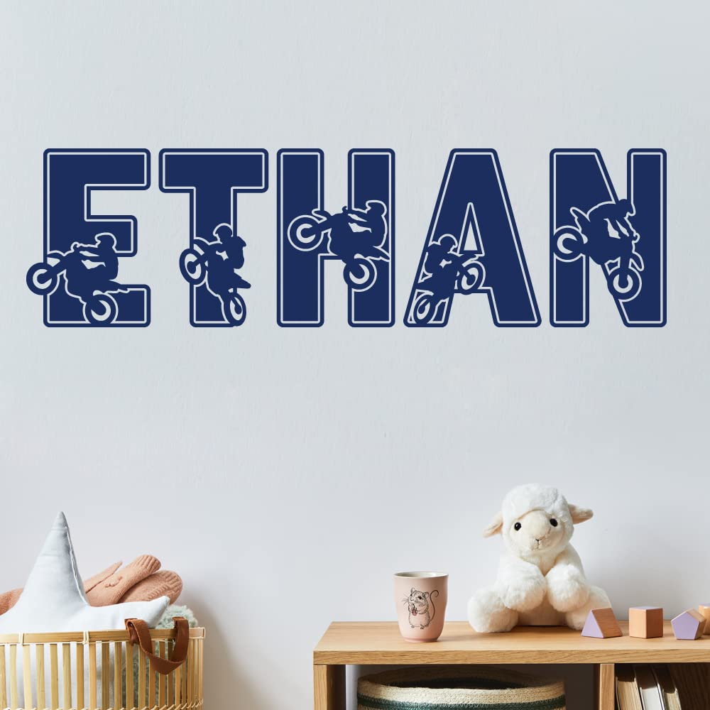 Dirt Bike Motocross Custom Name Vinyl Wall Decal Sticker Art for Boys, Offroad Motorcycle Theme Bedroom and Room Decor for Kids or Teens