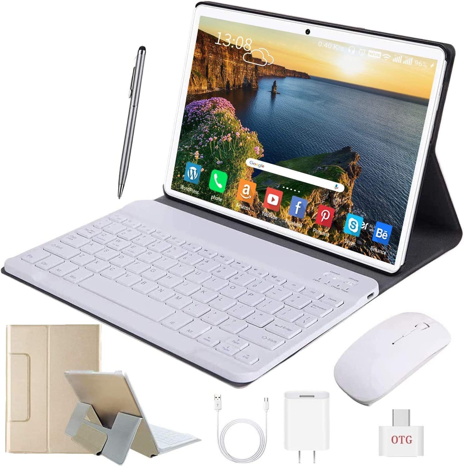 DUODUOGO Tablet 10 Inch Android 10 Tablets, 64GB ROM 128GB Expand,2 in 1 Tablet, Dual 4G Cellular Tablet with Keyboard, 8000mah, 5MP+8MP Camera, Bluetooth,GPS,IPS HD Screen,Wi-Fi Computer Tablet