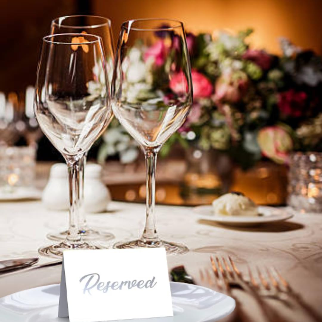 Generic 25 Pack SILVER Reserved Table Cards for Wedding With SILVER Foiled Letters- Seating Signs for Chairs Church Pews Double Sided Signs Tent Reservation Cards Celebration Accessories""5.5 * 3