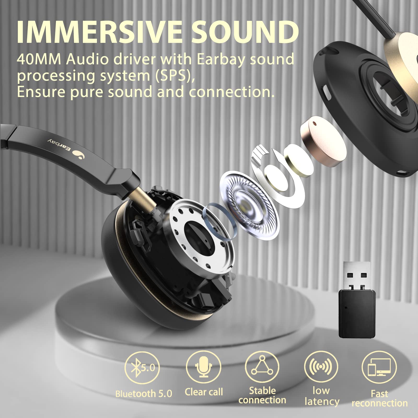 Earbay Bluetooth Headset, Wireless Headset with Microphone for PC, Wireless Headphones with Mic Noise Cancelling/Mute/Charging Dock/USB Dongle, 45hrs Dual Connect Computer Phones Teams Skype Zoom
