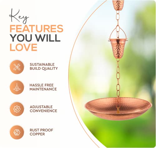Marrgon Copper Anchoring Basin – Hammered Metal Bowl for Rain Chain Downspout Gutters – Beautiful Decorative Fountain Dish Display for Outdoor Garden, Lawn & Patio Water Feature – 11” Wide x 2” High