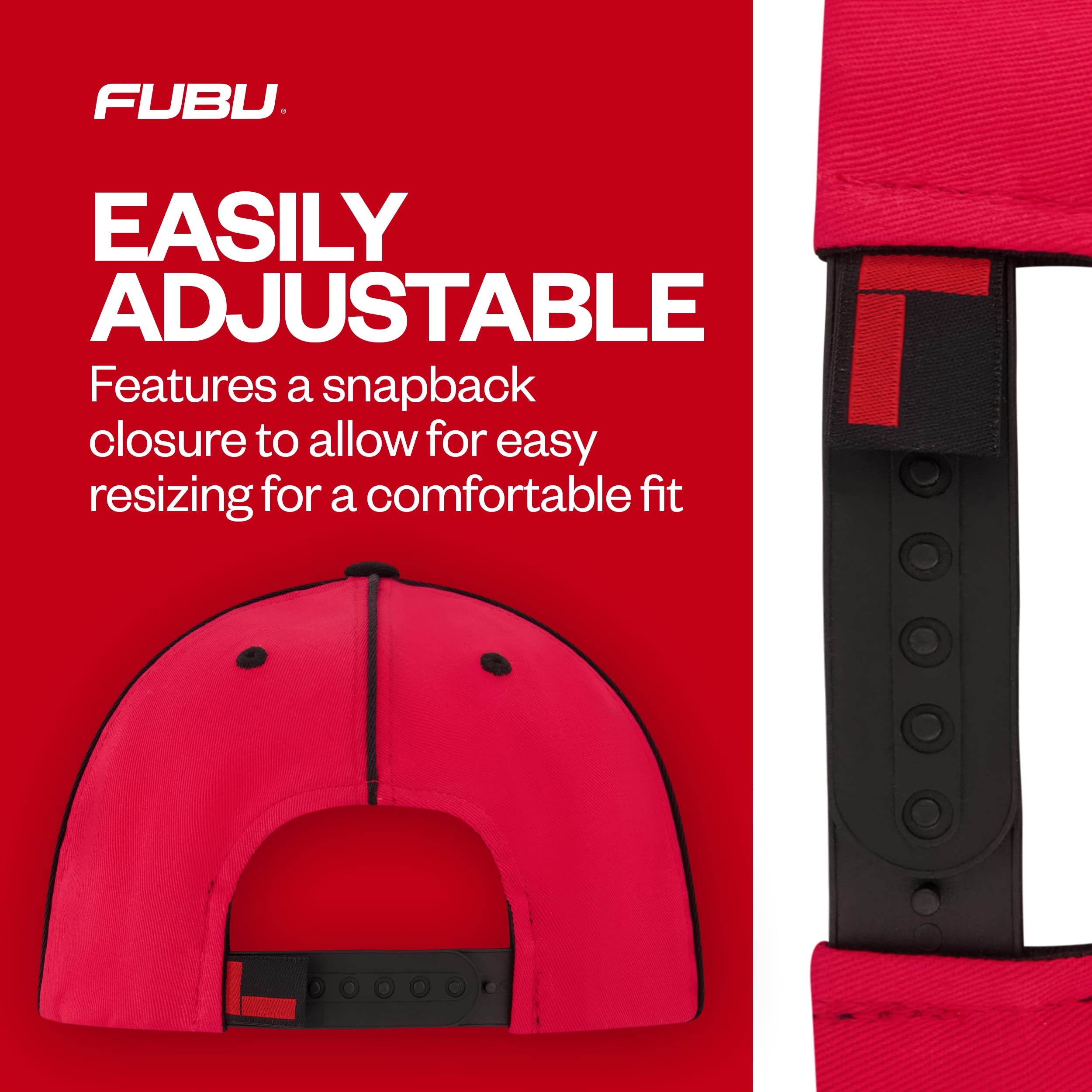 Concept One FUBU Baseball Cap, Cotton Adult Snapback Hat with Cursive Logo, Adjustable, Flat Brim, Red, One Size