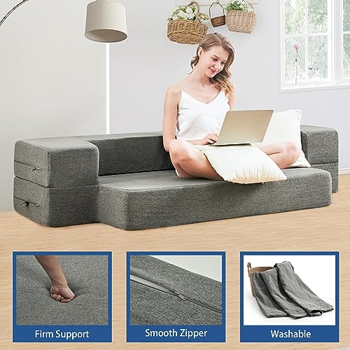 ILPEOD Floor Sofa Bed Futon Couch, Fold Out Couch Bed, Full Size 8 Inch Memory Foam Folding Sofa Bed Couch, Sleeper Convertible Mattress and Frame for Bedrooms Living Room Gaming Bed, Grey
