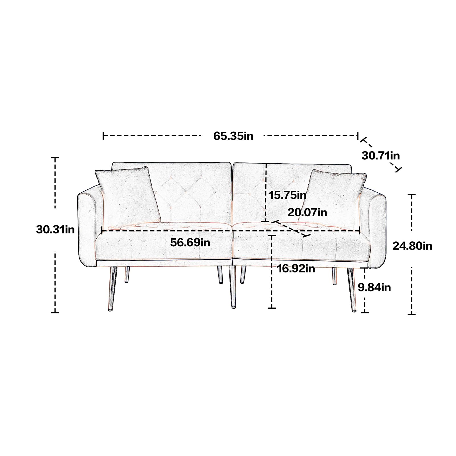 EXZLFA Velvet Sofa Couch,Convertible Sleeper Sofa Bed with Gold Metal Legs and 2 Pillows,Folding Futon Accent Upholstered Loveseat for Living Room Bedroom Office (Mint Green Polyester)