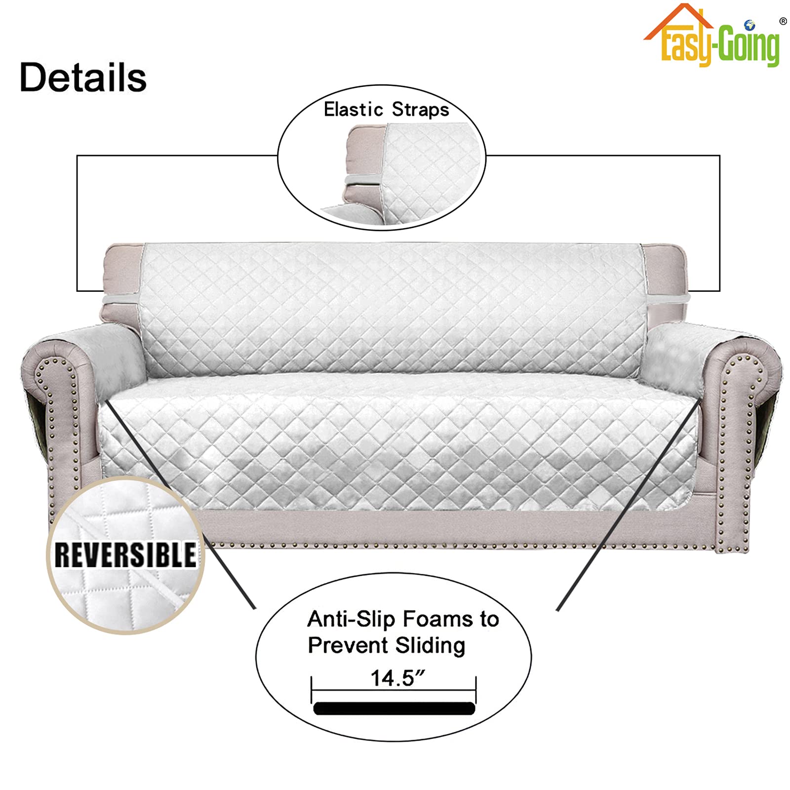 Easy-Going Reversible Oversized Couch Cover for 3 Cushion Couch Sofa Cover for Dogs Washable Water Resistant Furniture Protector Cover with Foam Sticks for Pet (Oversized Sofa, White/White)
