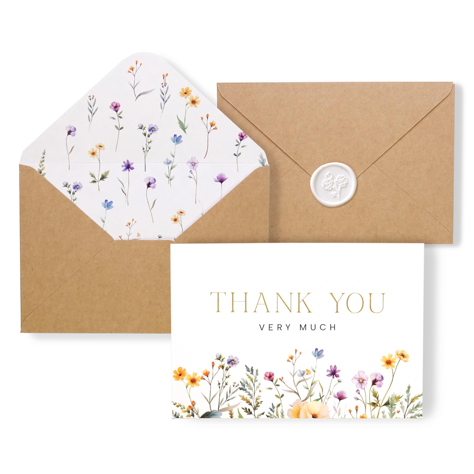 Liheheca Wildflower Thank You Cards with Envelopes,24 Pack Bulk,4x6 Inch,Kraft Envelopes,Wax Seal Stickers,Flower Greeting Cards for Baby Shower,Bridal Shower