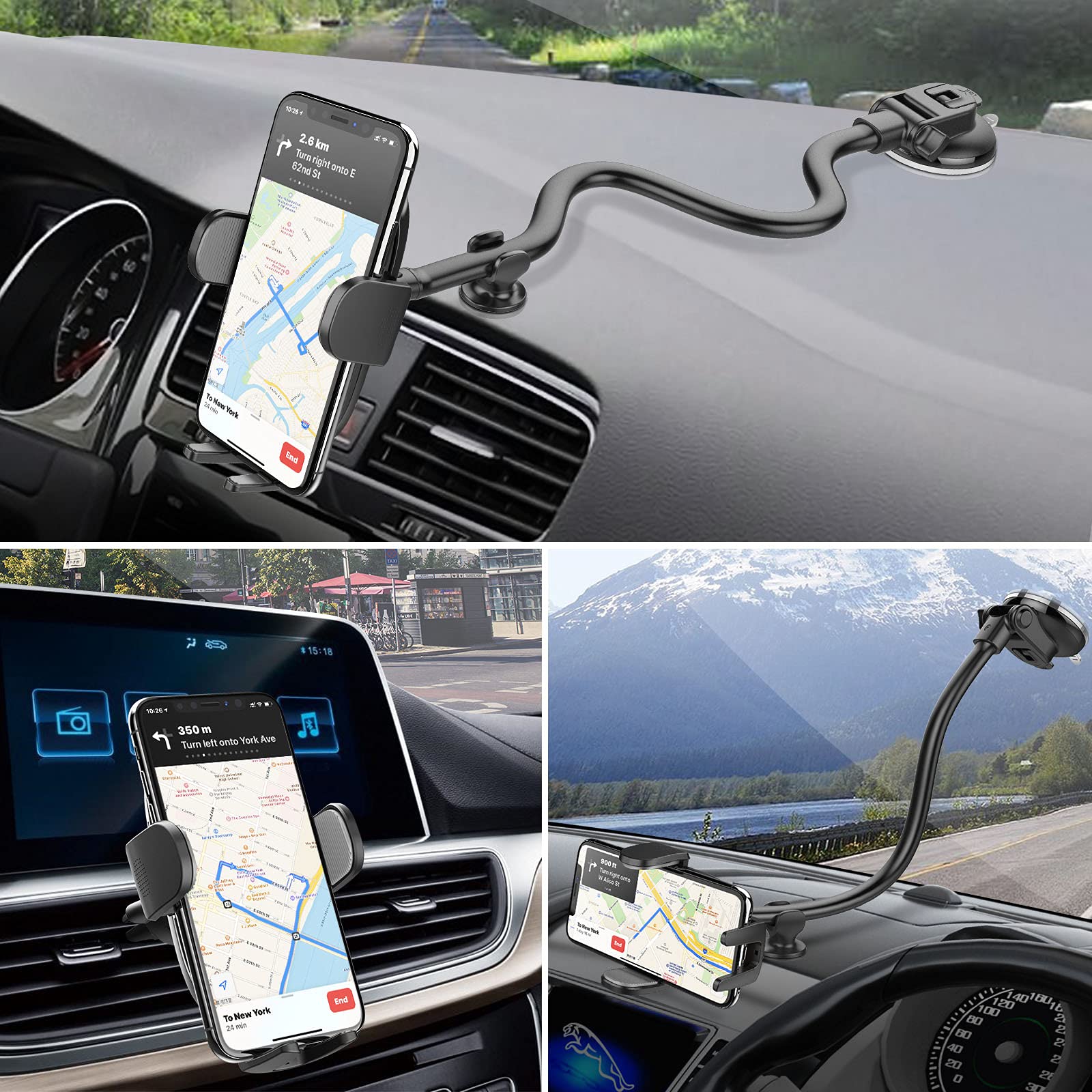 Car Phone Holder Mount Wireless Charging, 15W Wireless Car Charger Mount, Windshield Dash Phone Holder [with QC 3.0 Adapter] Compatible with iPhone 13 12 Mini 11 Pro Max, Samsung, LG-Iron Gray