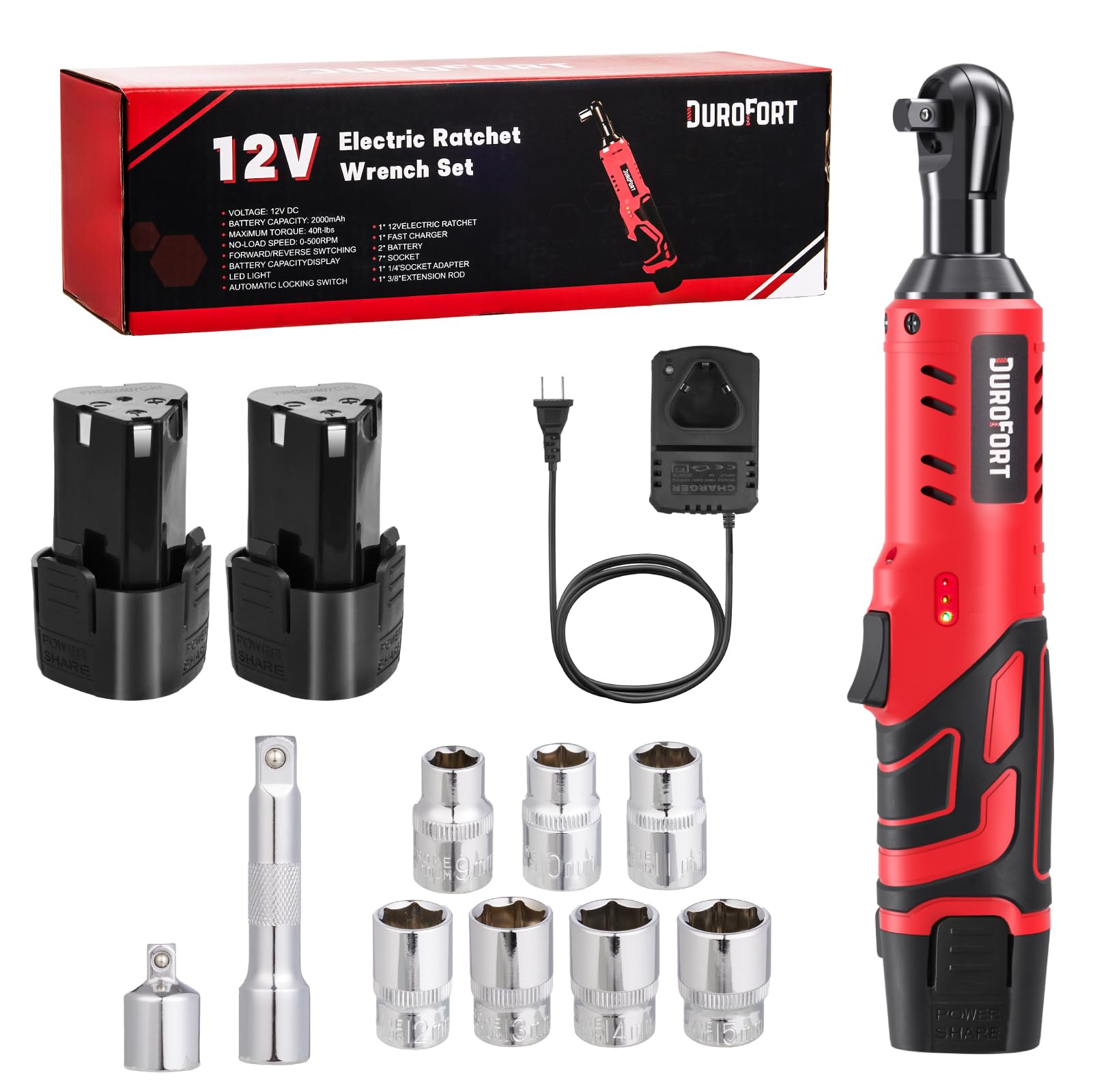 DuroFort Cordless Electric Ratchet, 12V Ratchet Wrench Tool Kit 40 FT.LBS, with LED Light, 500RPM Variable Speed Wrench, 2-Pack 2.0Ah Battery, 7 Sockets, 1/4" Socket Adapter, 3/8" Extension Rod