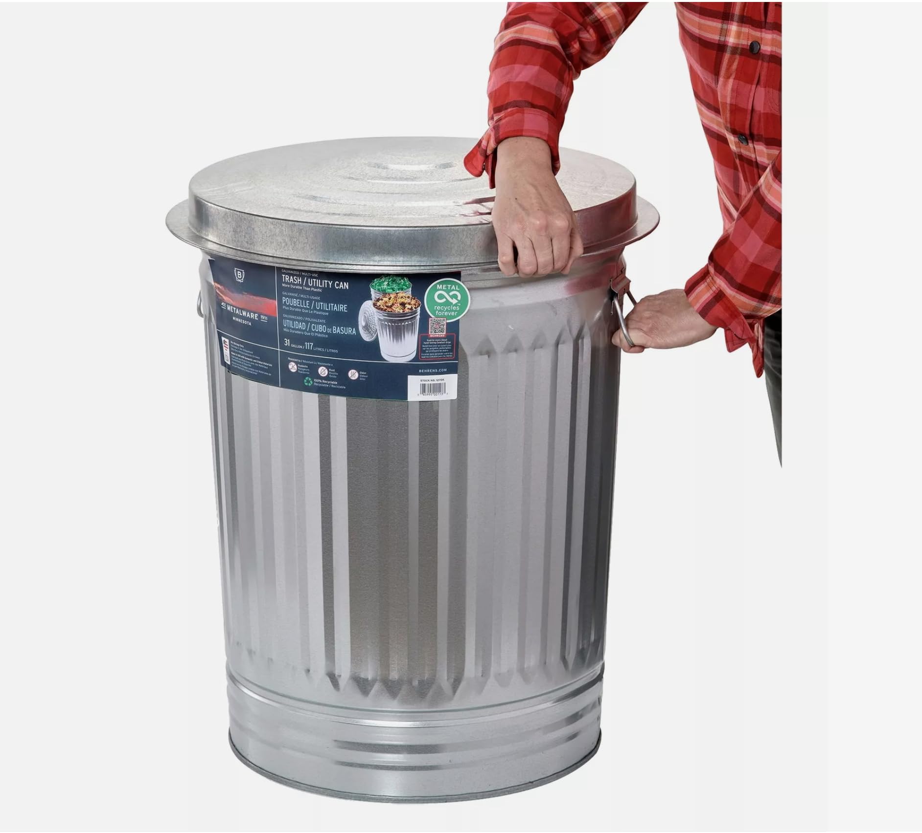 Generic 31-Gallon Galvanized Steel Trash Can - Galvanized Trash can with lid - Metal Trash can - Trash can with lid - Outdoor Garbage can with lid -Steel, Gray (Pack 2)