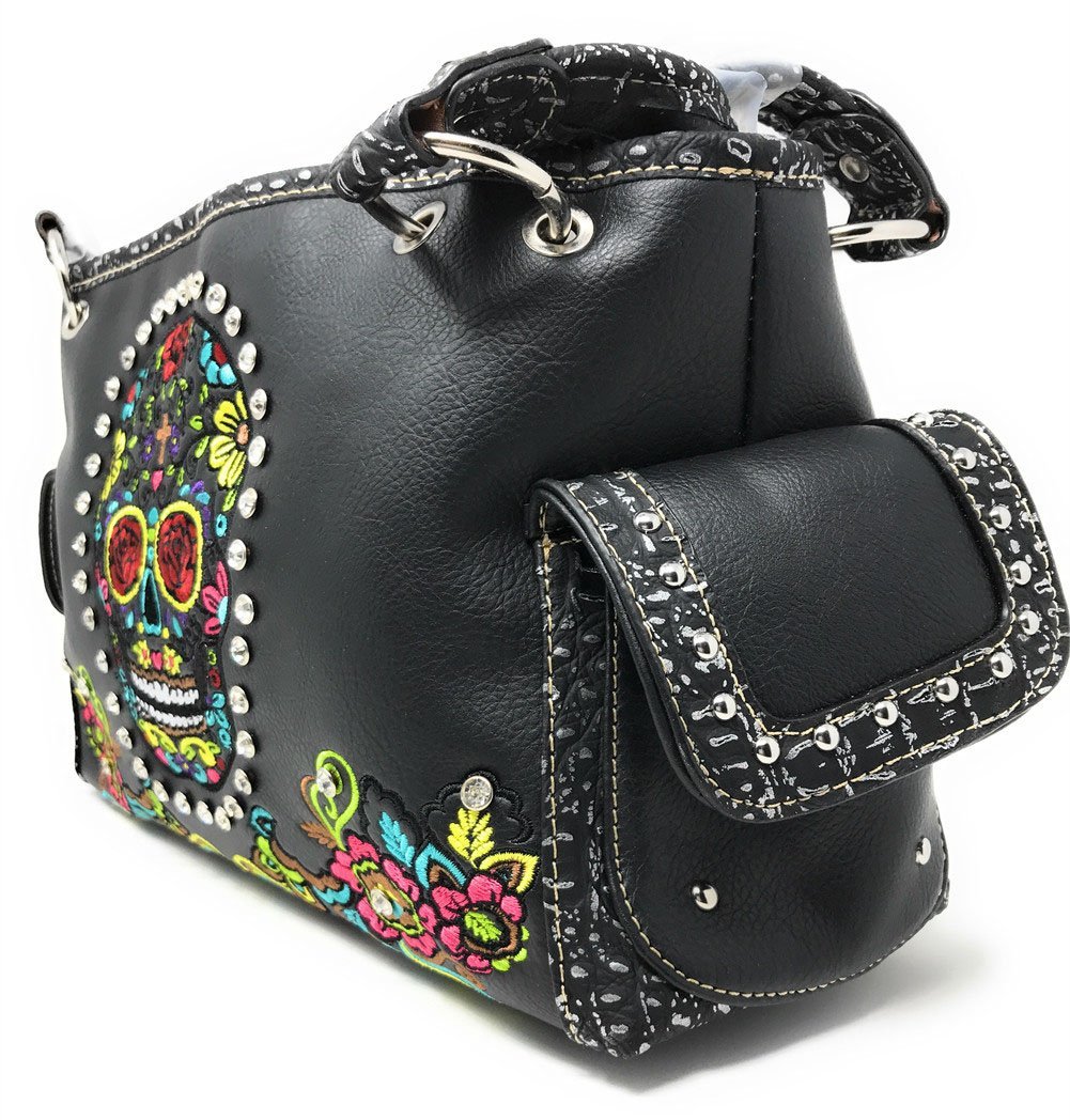 Texas West Women's Embroidered Metal Skull Purse Handbag and Wallet set in 7 colors (Black messenger bag)