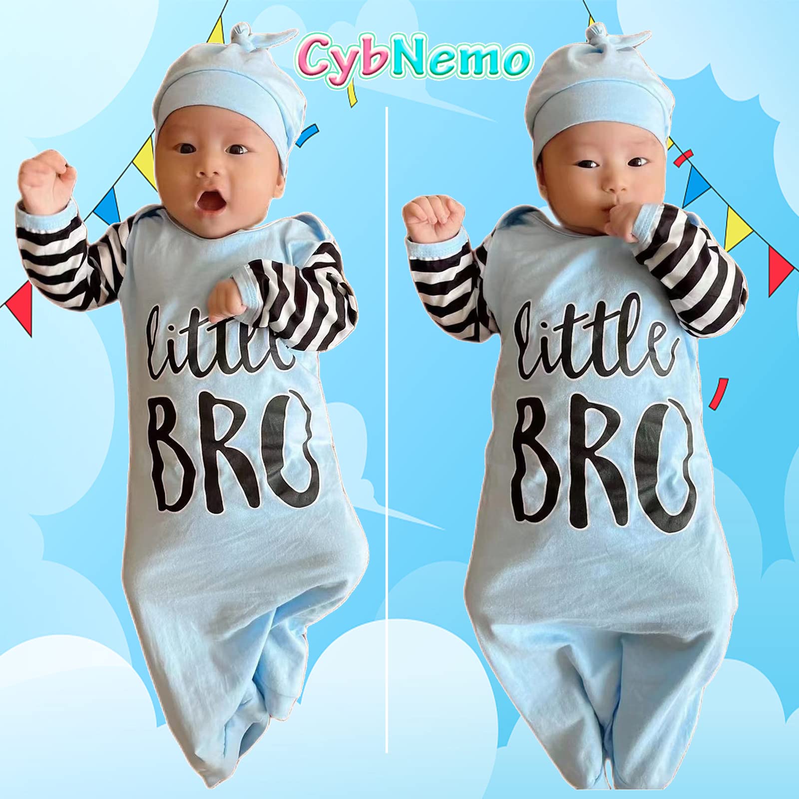 CybNemo Newborn Baby Boy Sleeper Gift Set Little Bro Nightgown Stripe Long Sleeve Infant Sleepwear Outfit Sky Blue