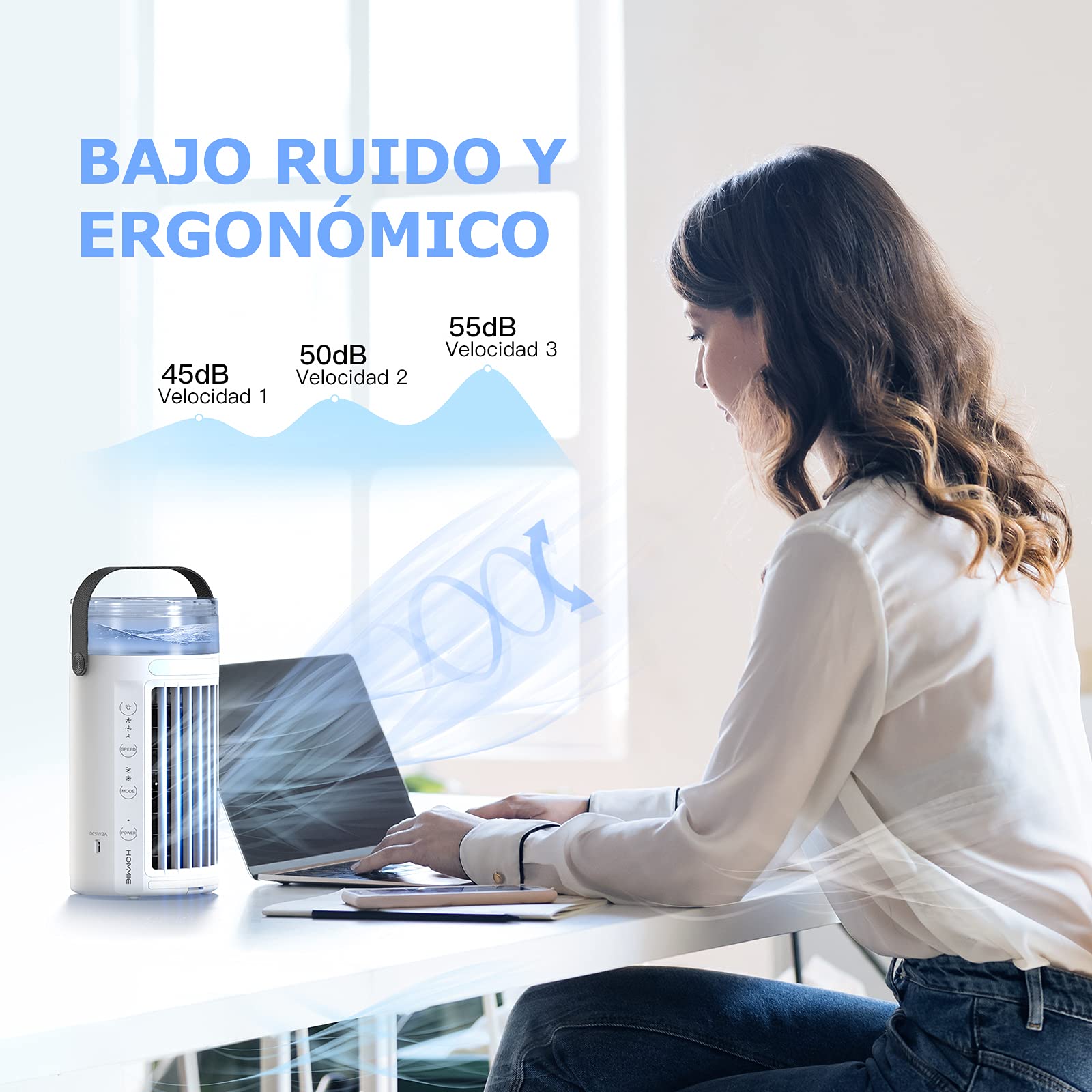 Portable Air Conditioner, Hommie 5 in 1 Personal Mini Air Cooler with 2 Fans, 8 Colors LED Light and 3 Speeds, Small Desk Mini Ac Evaporative Cooler Fanfor Personal Use Small Room