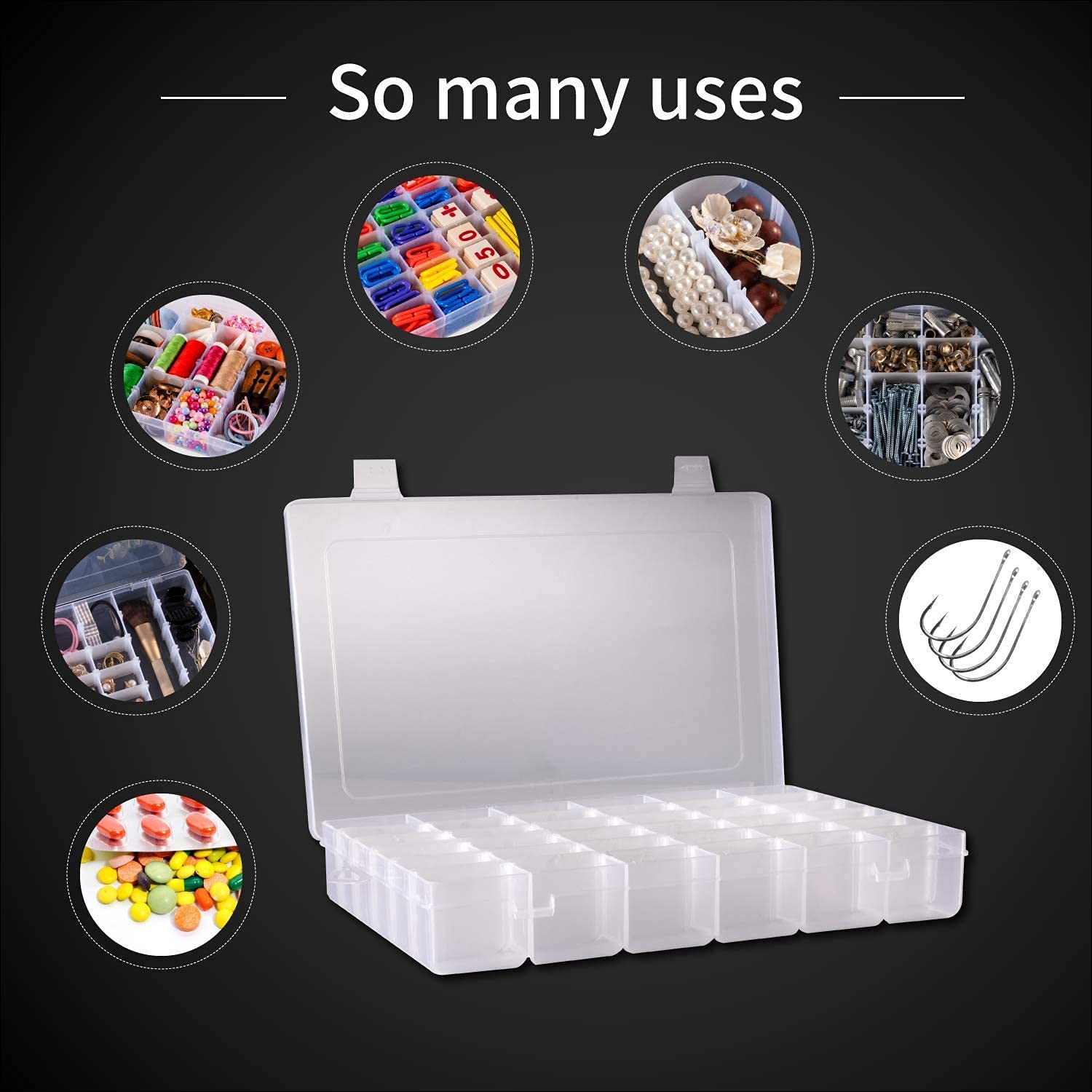 Juvielich Clear Plastic Organizer Box,Component Storage Box,24 Grids Fixed Storage Container Jewelry Box for Beads Art DIY Crafts Jewelry Fishing Tackles 7.60"x5.20"x0.87"(LxWxH) Clear White 1PCS