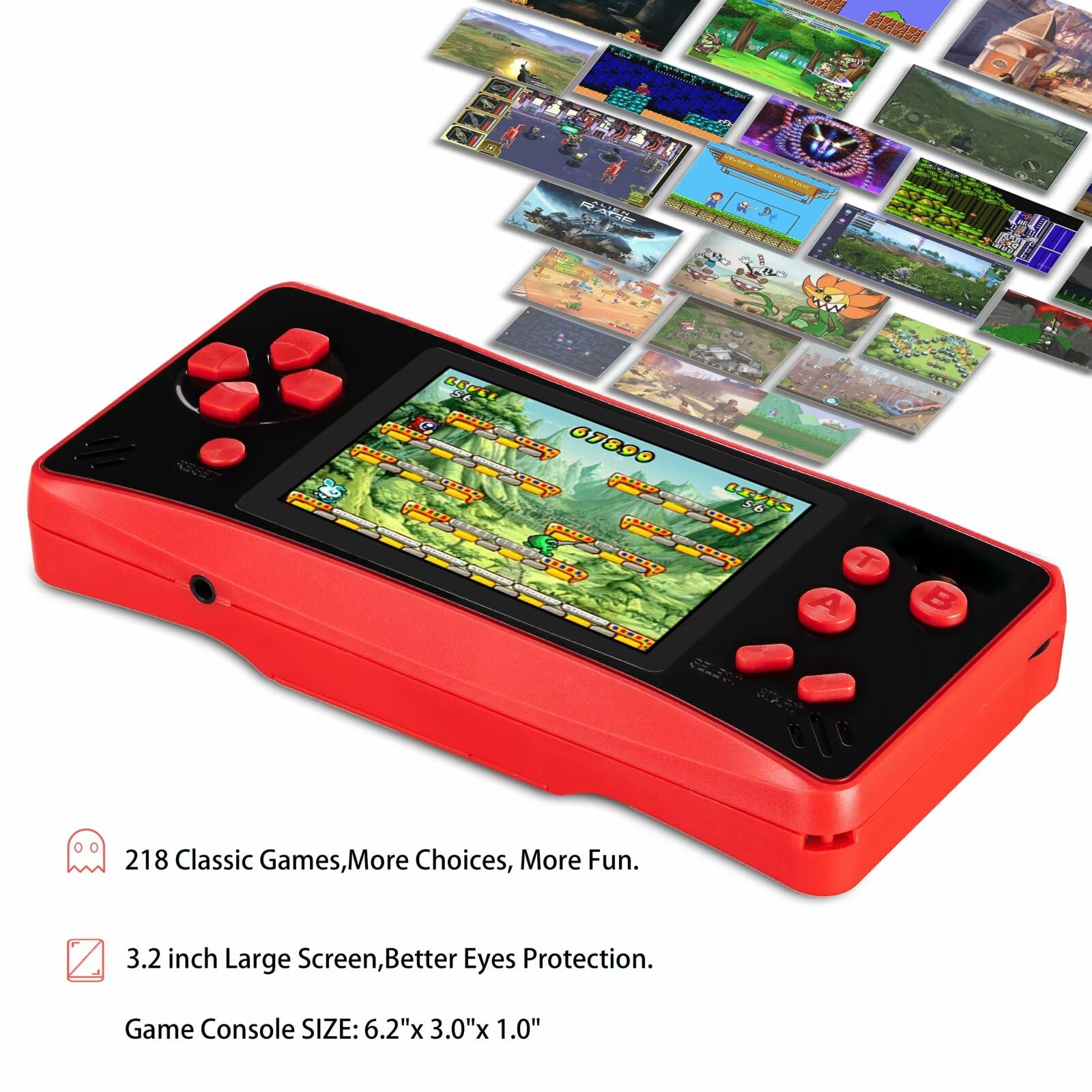 HigoKids Electronic Handheld Games for Kids 3.2" Large Screen Built-in 218 Classic Retro Video Games USB Rechargeable Arcade Gaming Player System Best Road Trip Partner for Boys(Red)