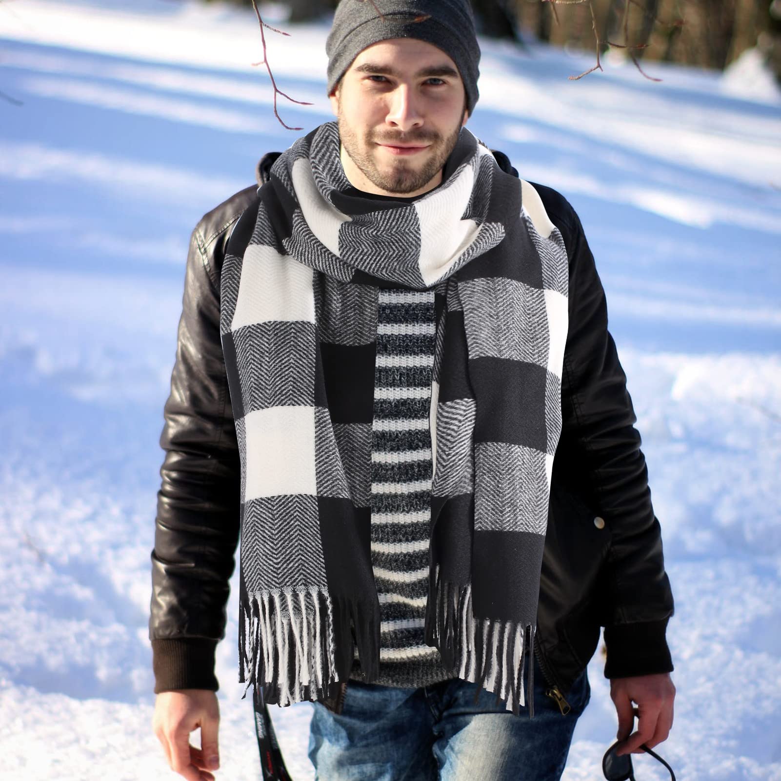 Black Plaid Full Cover Winter Warm Set, Scarf Beanie Hat Screen Gloves for Men Women