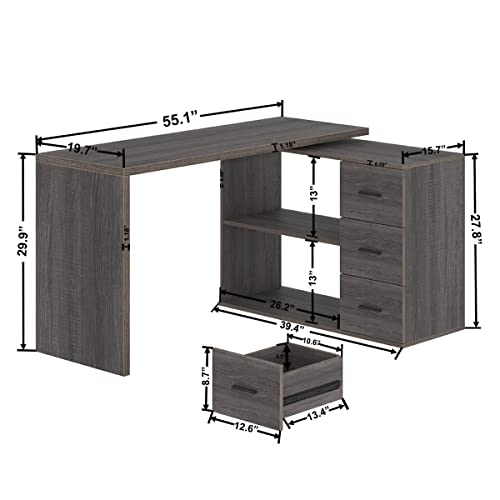 HSH L Shaped Desk with Drawers, L Shape Computer Desk with Storage Cabinet Shelves, Reversible Modern Industrial Home Office Corner Desk, Rustic Wood Executive Writing Gaming Study Table, Gray 55 Inch