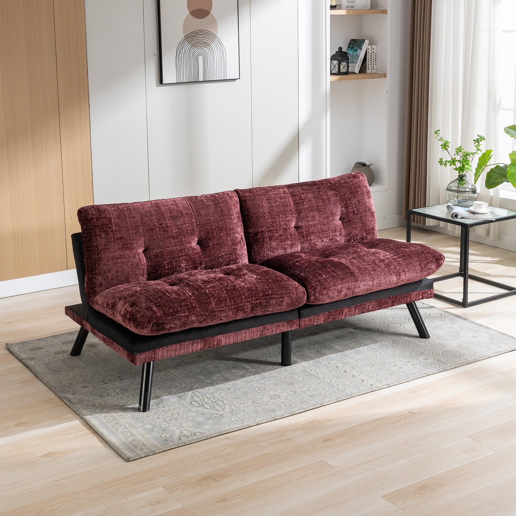 Futon Sofa Bed, Convertible Sleeper Couch Memory Foam Small Splitback Loveseat for Living Room,Modern Upholstered Love Seat with Adjustable Backrest and 6 Metal Legs,Thicker Cushion Version(Burgundy)