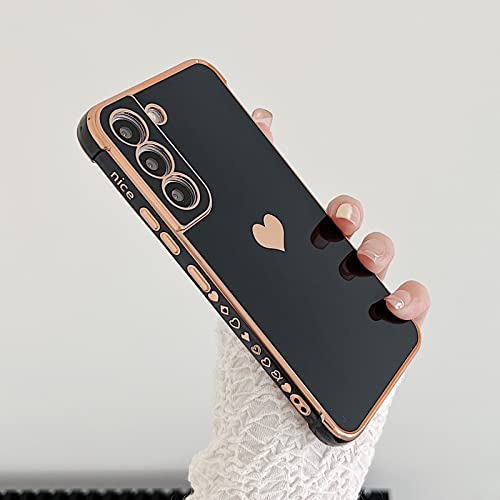 phylla Compatible with Samsung Galaxy S21+ Plus 6.7” 5g Case,Luxury Plating Cute Love Heart Side Small Pattern Phone Case,Full Camera Protection Soft Silicone Shockproof Bumper Cover (Black)