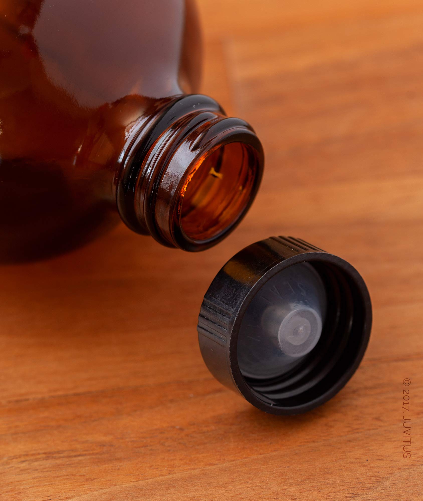 JUVITUS 16 oz Amber Glass Boston Round Bottle with Airtight Black Phenolic Cap (2 Pack)