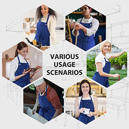 ROTANET Stretch Stripe Apron for Men Women Adjustable Bib Aprons with 2 Pockets for Kitchen Cooking Water & Oil Resistant Royal Blue