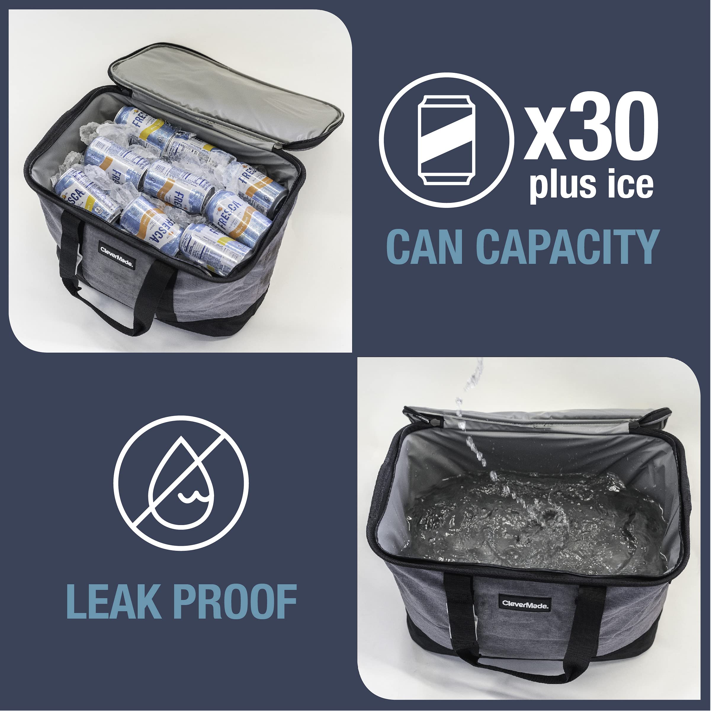 CleverMade Collapsible Cooler Bag with Shoulder Strap: Insulated Leakproof 30 Can Portable Soft Beverage Tote & Fit & Fresh XL Cool Coolers Freezer Slim Ice Pack for Lunch Box, Set of 4, Large, Blue